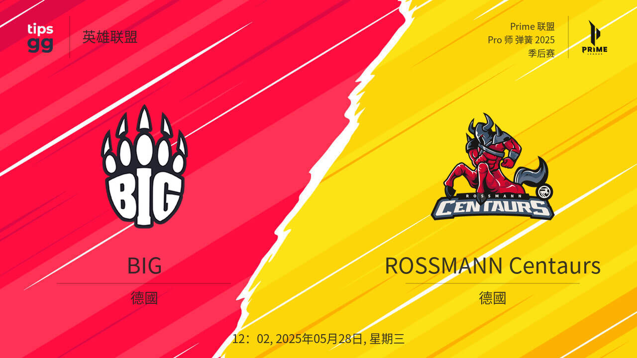 BIG对阵ROSSMANN Centaurs，2025年05月28日，在Prime 联盟 Pro 师 弹簧 2025，英雄联盟 | Tips.GG