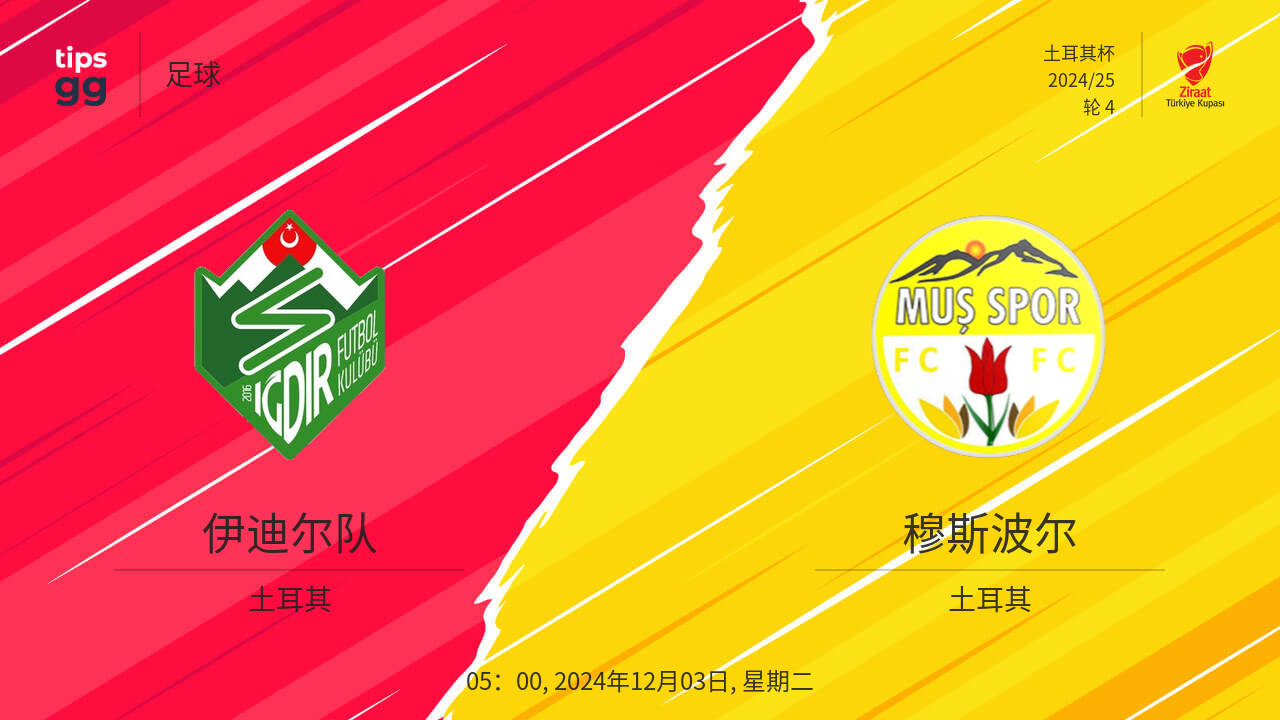 Igdir对阵穆斯波尔，2024年12月03日，在土耳其杯 2024/25，足球 | Tips.GG