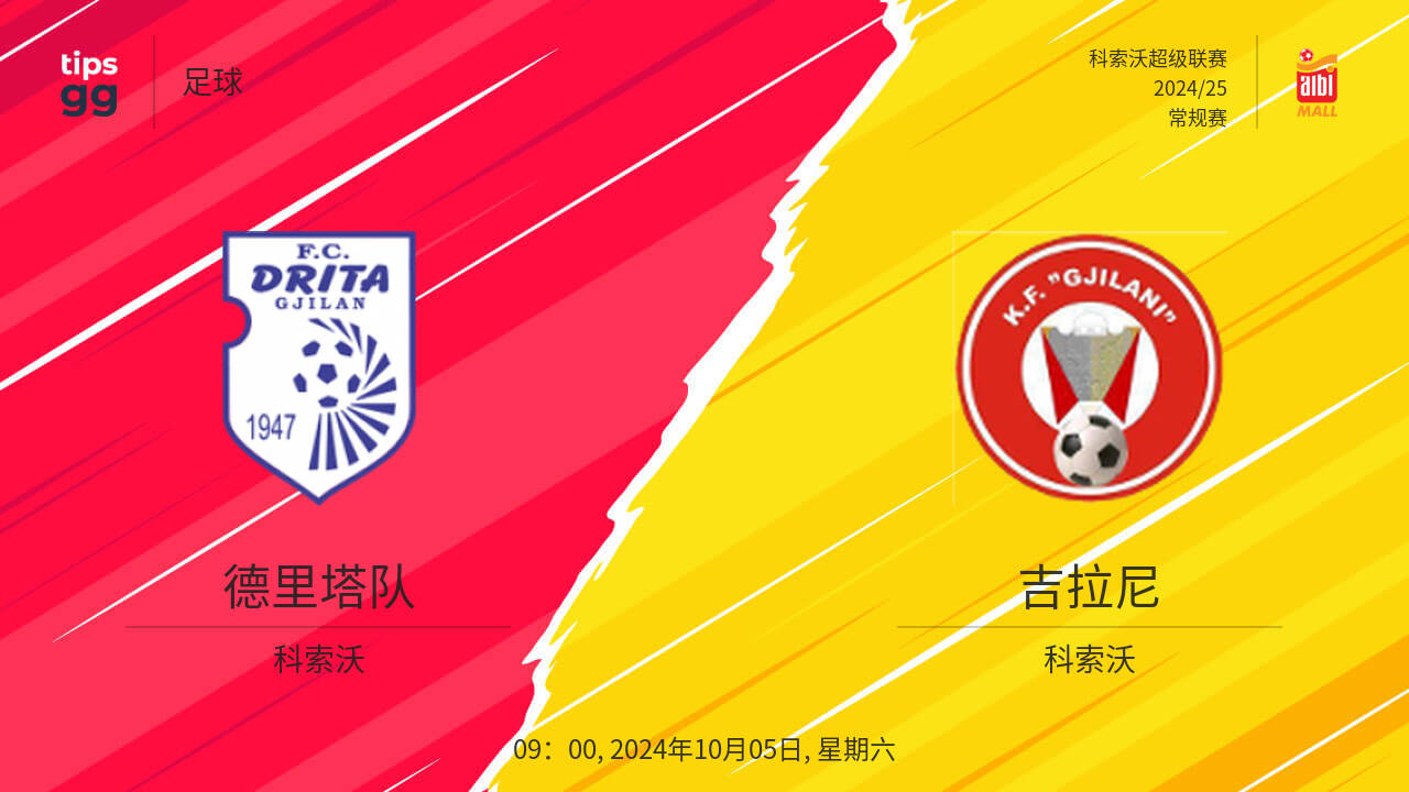 Drita Gjilan对阵吉拉尼，2024年10月05日，比赛预测，足球 | Tips.GG